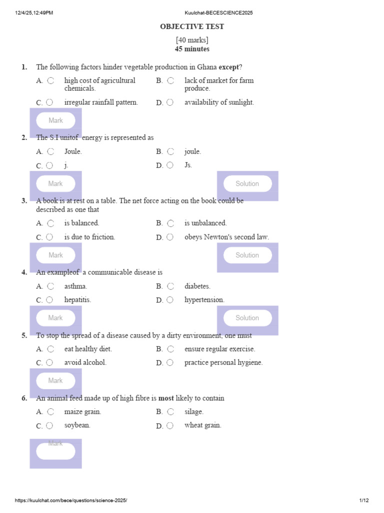 BECE 2025 Science Objective Test Questions | PDF