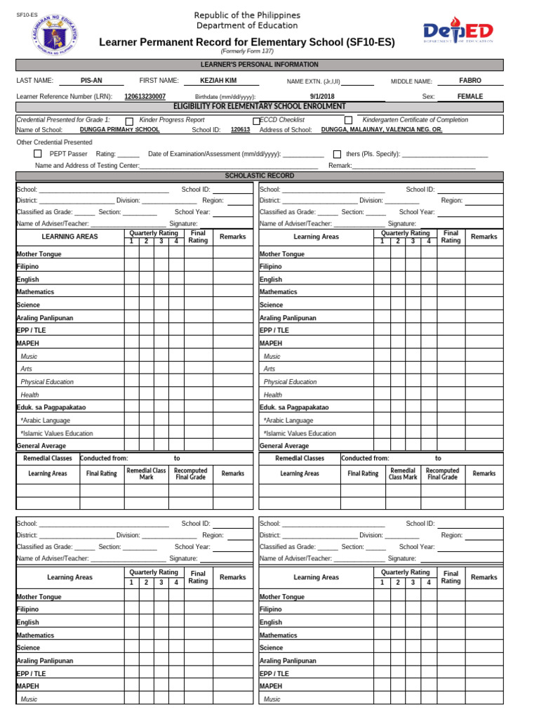 School Form 10 SF10 Learners Permanent Academic Record For Elementary ...