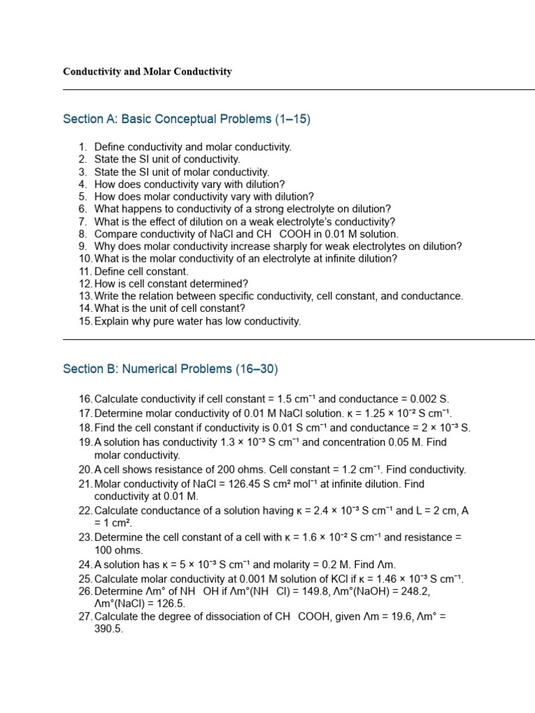 Conductivity and Molar Conductivity Guide | PDF | Physical Sciences ...