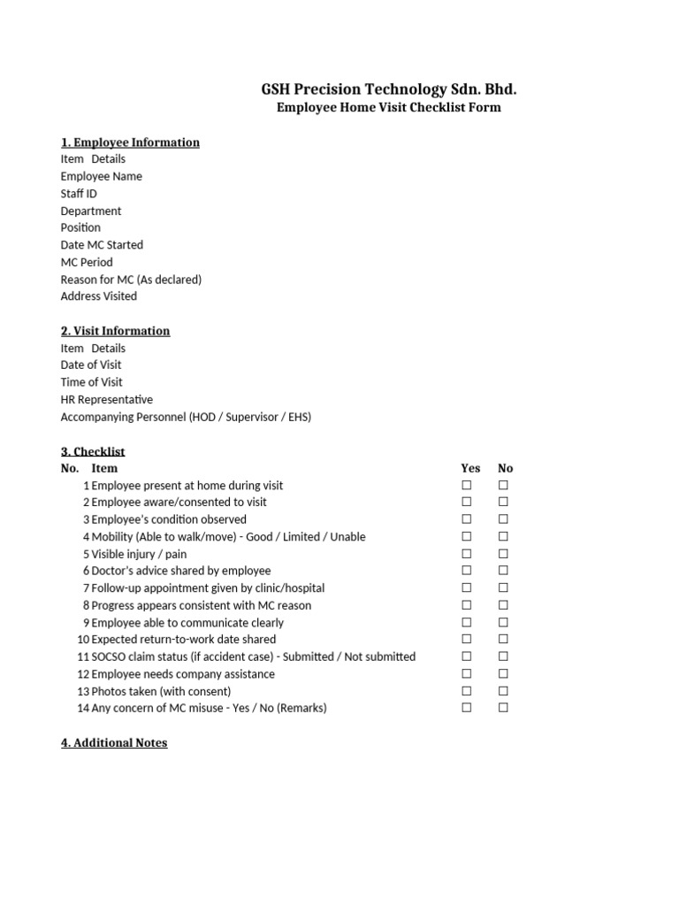 Employee Home Visit Checklist Form | PDF