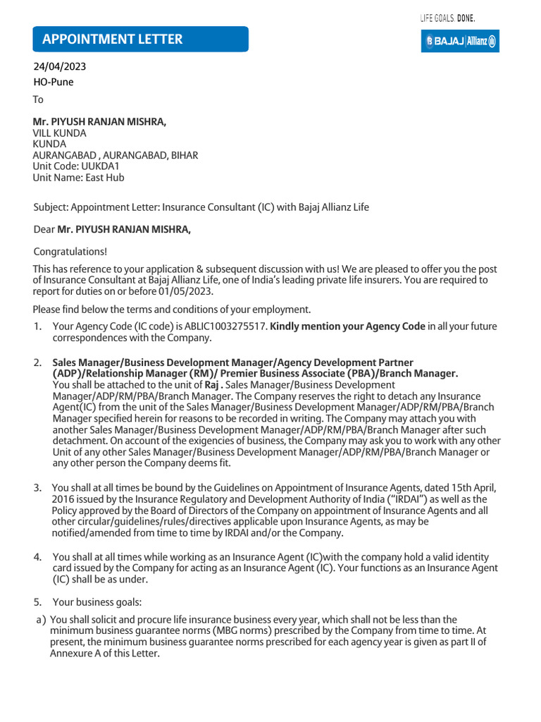 Appointment Letter for Insurance Consultant | PDF | Insurance | Indemnity