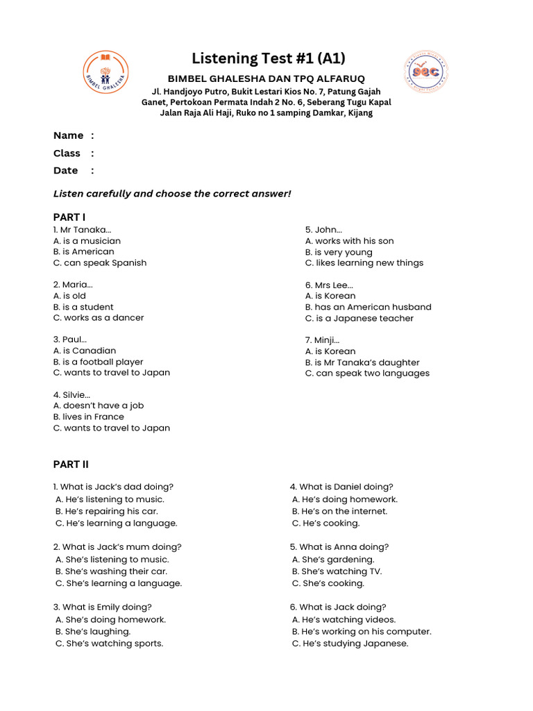 A1 Listening Test Practice Questions | PDF