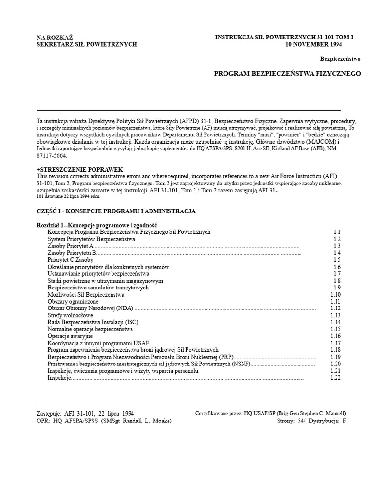 AFI 31-101 Program Zabezpieczenia Fizycznego PDF | PDF