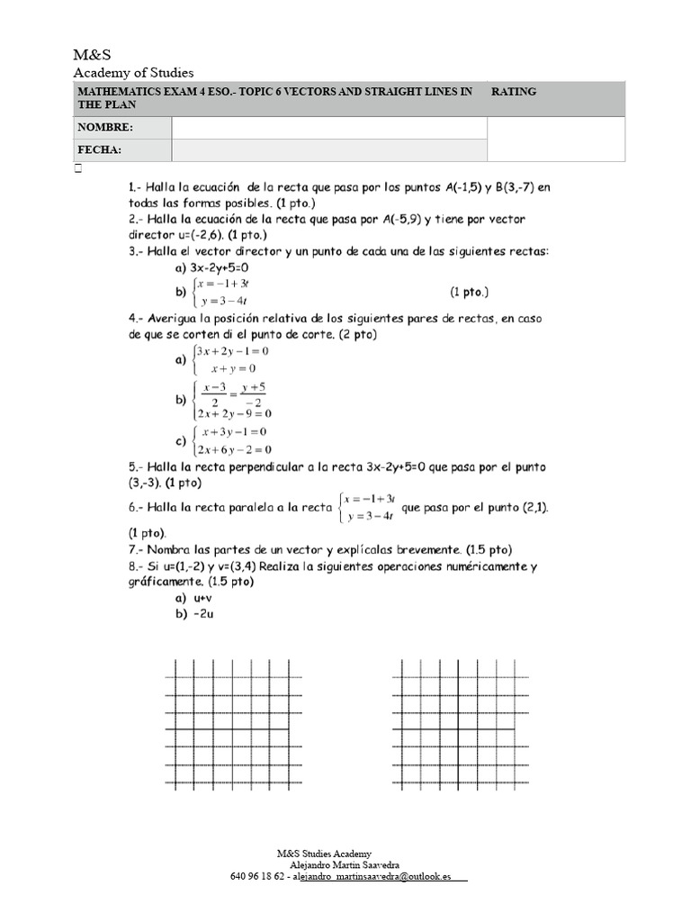 Mathematics Exam 4 ESO - Topic 6 Vectors and Lines in The Plane | PDF