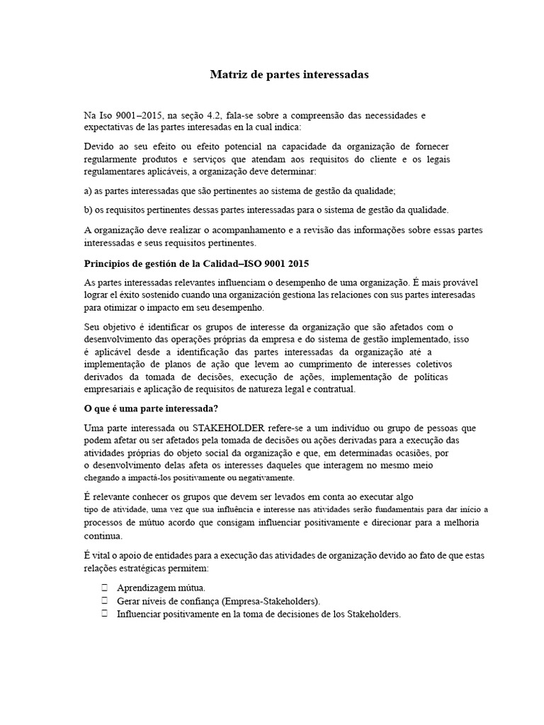 Matriz de Partes Interessadas Iso 9001-2015 | PDF | Partes interessadas ...