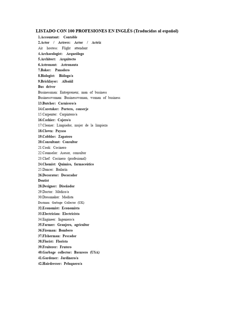 100 Professions in English and Spanish | PDF