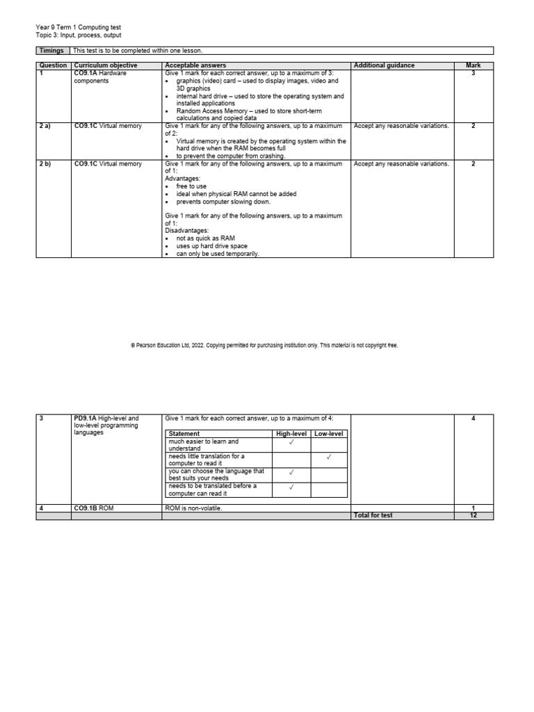 Year 9 Computing Test: Input, Process, Output | PDF | Random Access ...