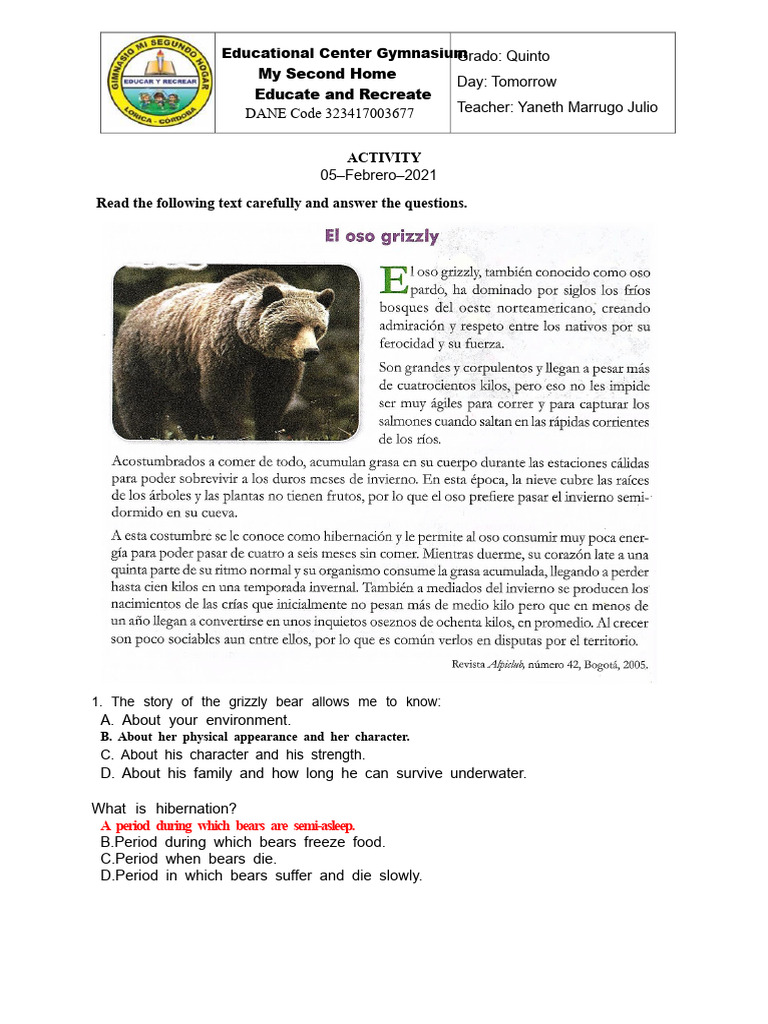 Grizzly Bear Educational Activity Guide | PDF