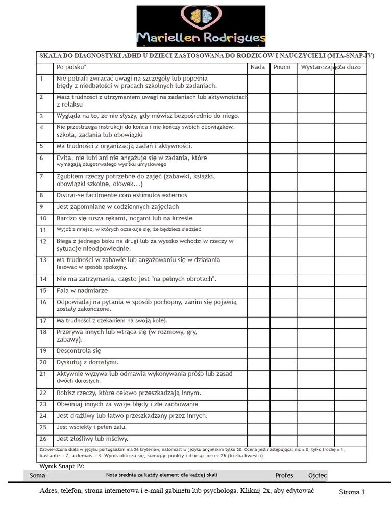 Skala Adhd Dla Dzieci | PDF