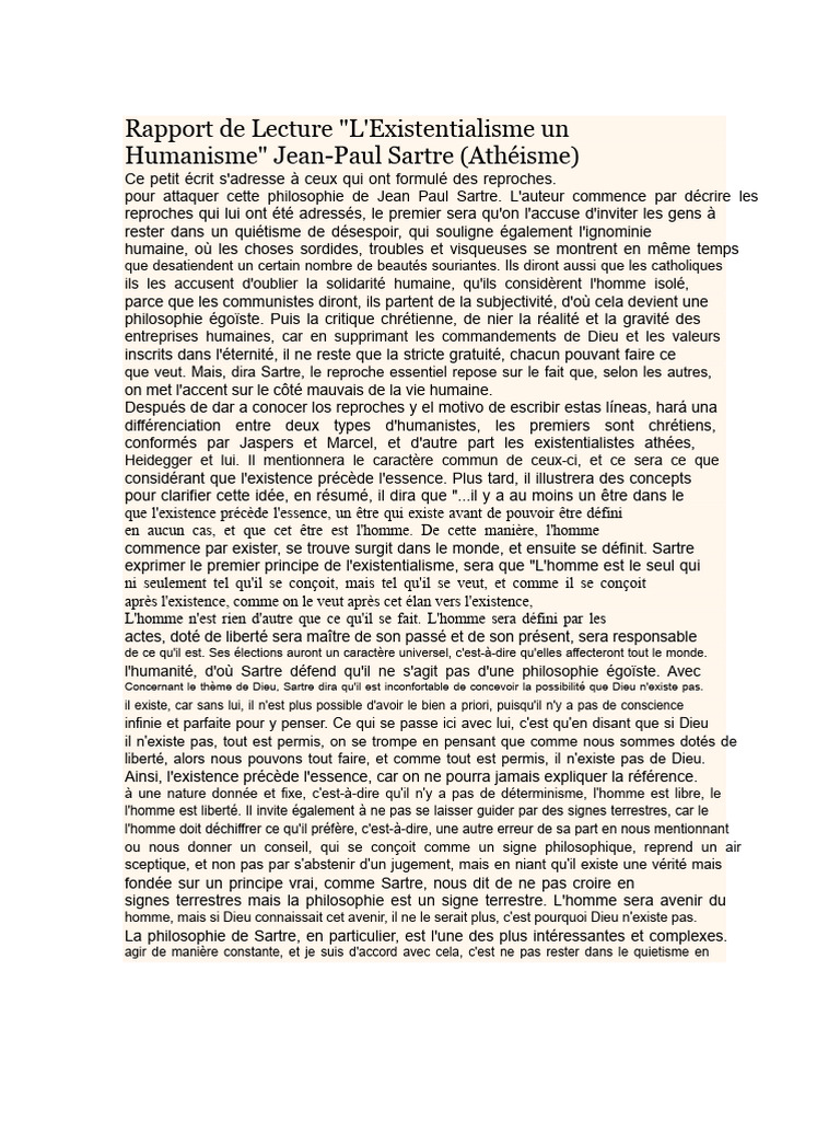 Rapport de Lecture Existentialisme | PDF | Existentialisme | Existence