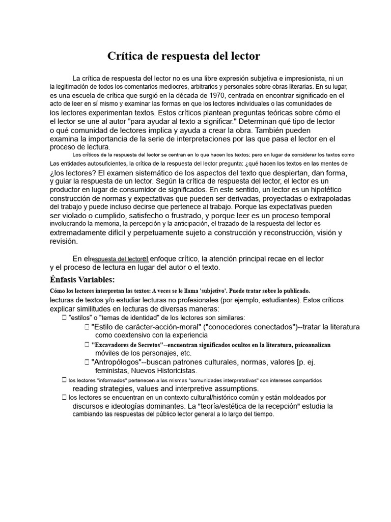 Crítica de Respuesta del Lector en Literatura | PDF | Corazón de la ...