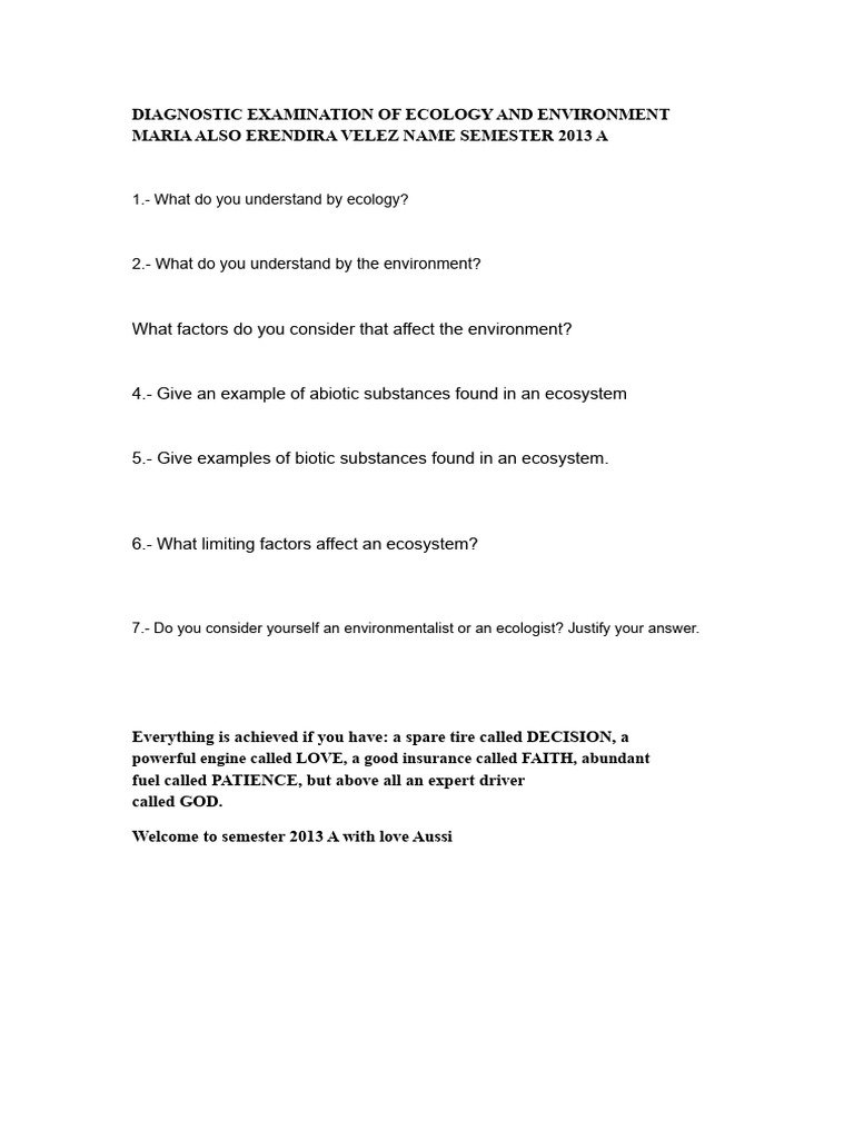Diagnostic Exams of Ecology and Environment-1 | PDF
