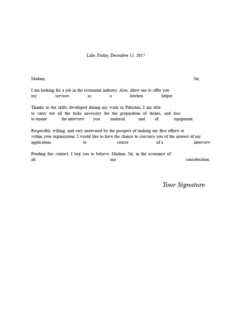 Cover Letter for Kitchen Assistant | PDF