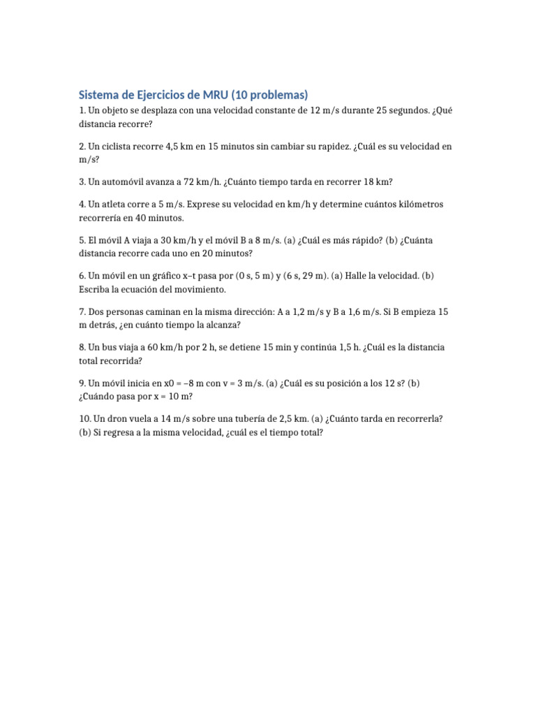 Ejercicios Resueltos de MRU: 10 Problemas | PDF