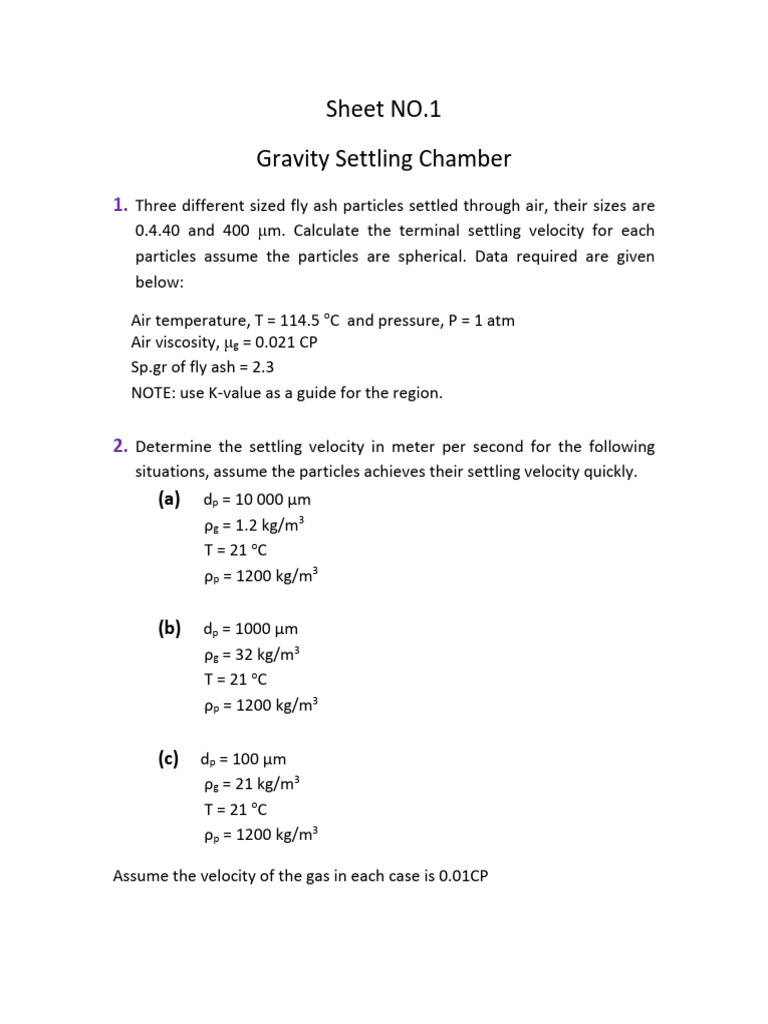 Gravity Settling Chamber Calculations | PDF | Gases | Viscosity