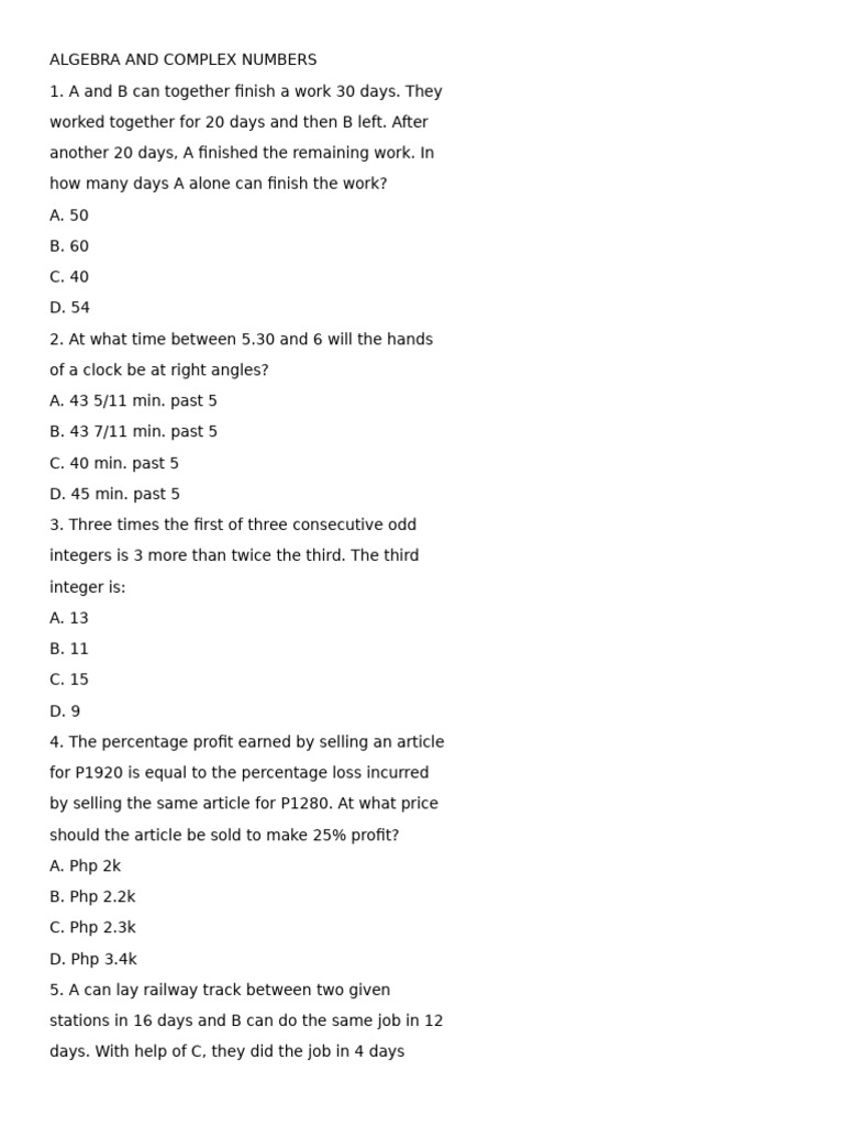ALGEBRA AND COMPLEX NUMBERS Quiz 1 | PDF | Mathematics