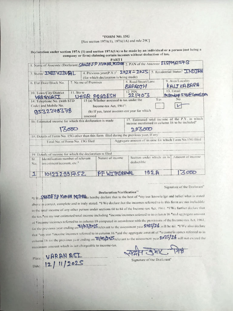 Form 15G Sandeep M | PDF | Chess Theory | Personal Finance