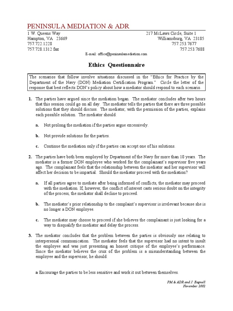 Ethics Questionnaire | PDF | Mediation | Alternative Dispute Resolution