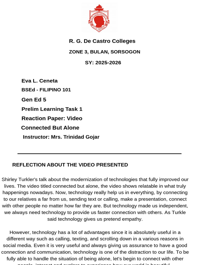 Reflection on "Connected But Alone" Video | PDF