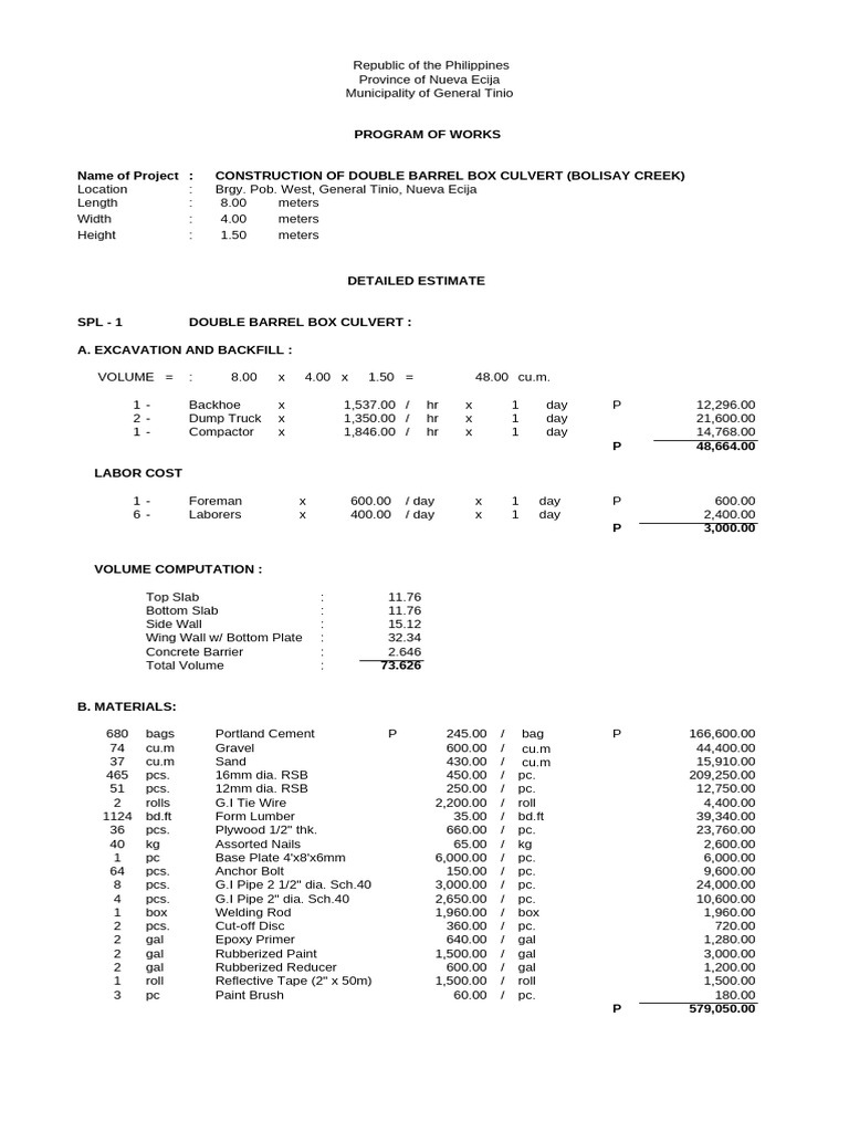 Construction of Double Barrel Box Culvert Bolisay Creek | PDF ...