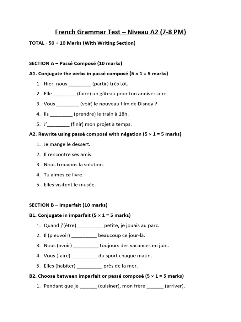 Test de Grammaire Française A2 | PDF | Linguistique