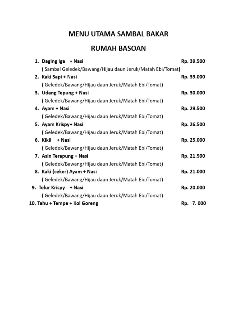 Menu Sambal Bakar Rumah Basoan | PDF