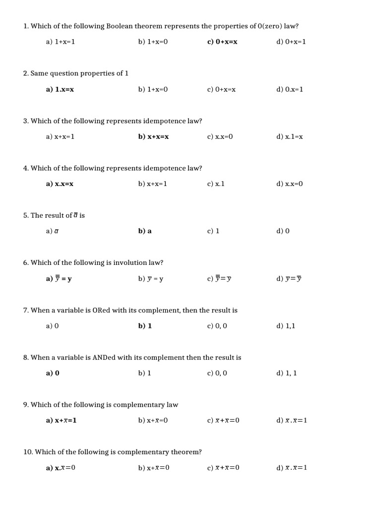 Boolean Algebra Laws and Theorems Quiz | PDF | Boolean Algebra ...