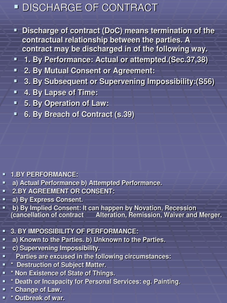 Discharge of Contract PPT MBA | PDF | Breach Of Contract | Doctrine