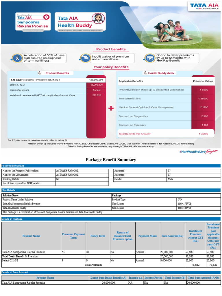 Tata AIA Life Insurance Benefit Summary | PDF | Insurance | Life Insurance
