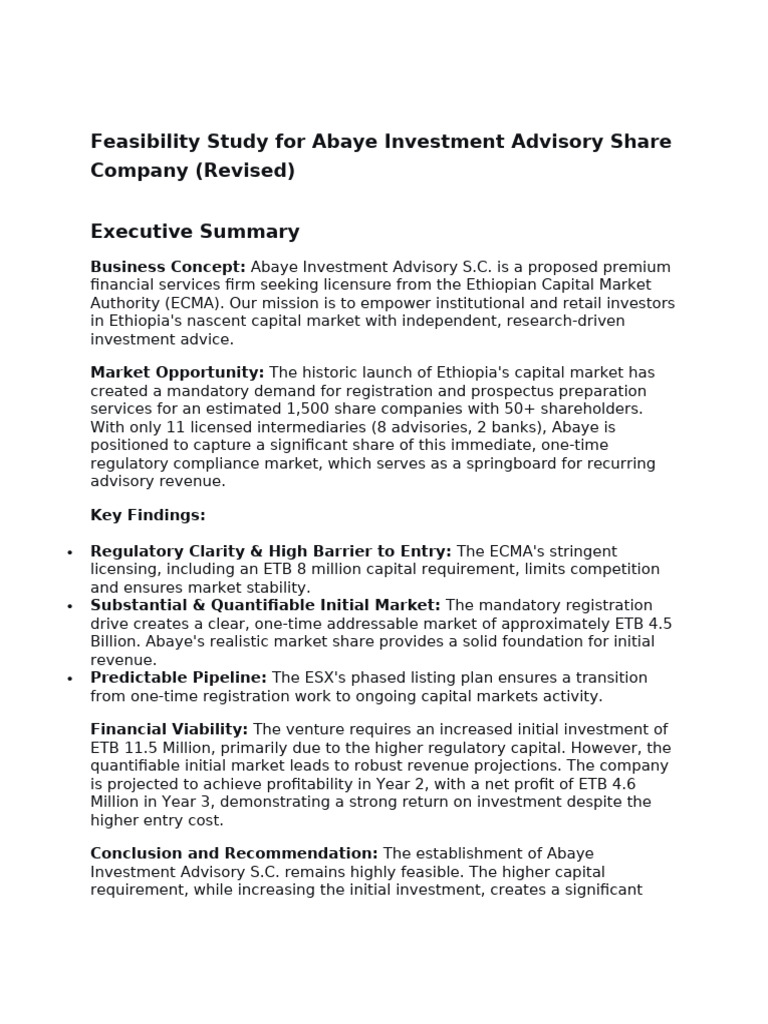 Feasibility Study for Abaye Investment Advisory Share Company | PDF ...