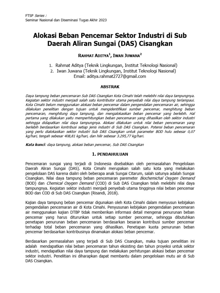 Alokasi Beban Pencemar Sub DAS Cisangkan | PDF