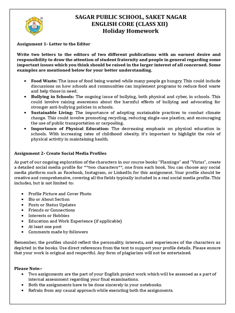 Holiday Home Work- Class XII- English Core | PDF | Natural Environment