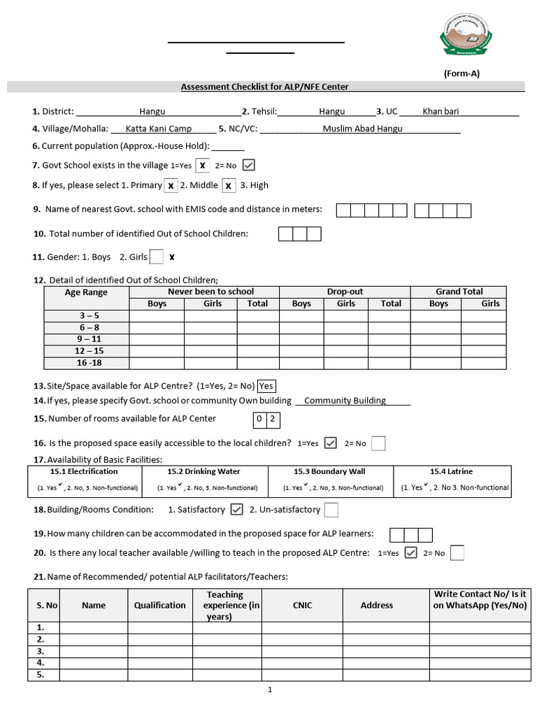Assessment Checklist for ALP Centers Annexure a[1] Abdul Ghafoor | PDF | Chess Openings | Chess