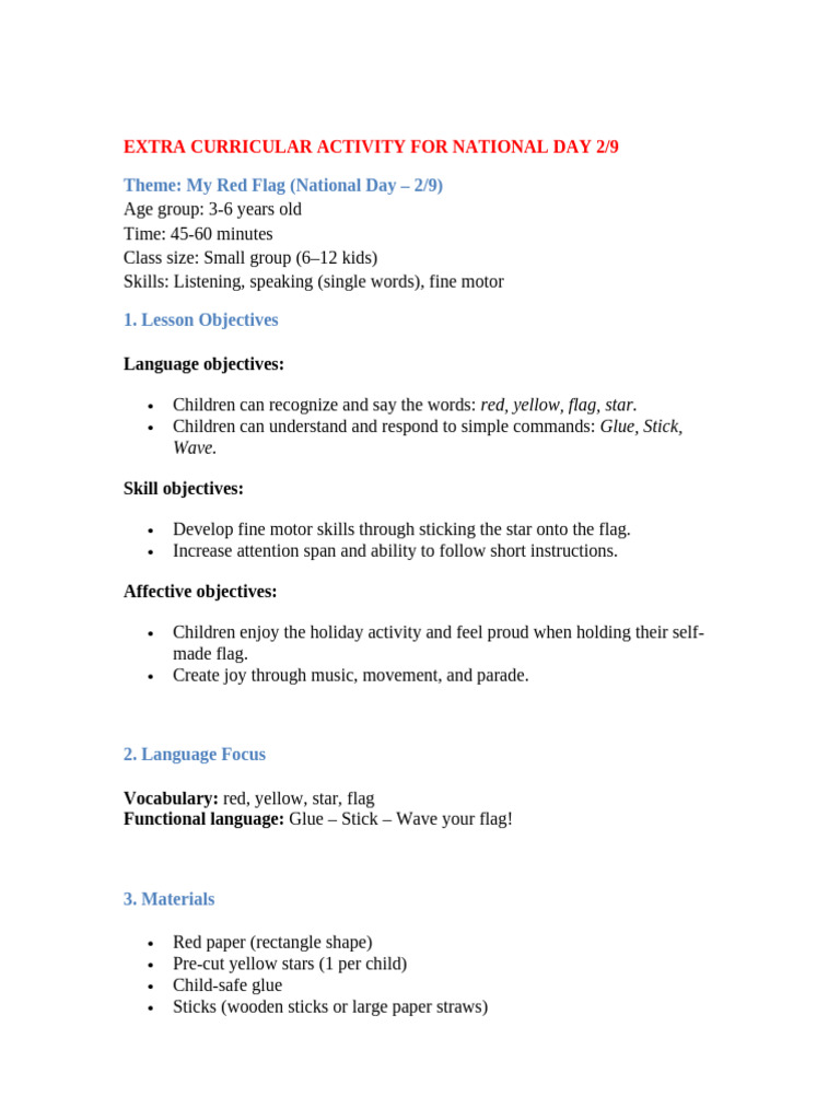 Extra Curricular Activity For National Day 2.9 - 3-6 Years Old | PDF
