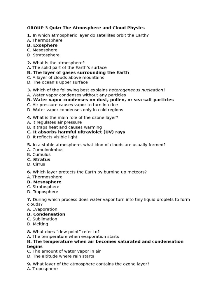 Group 3 Quiz The Atmosphere and Cloud Physics | PDF | Atmosphere Of Earth | Cloud