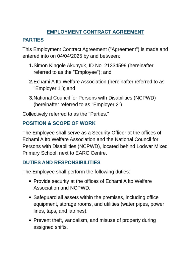 Employment Contract for Security Officer | PDF | Employment | Business Law