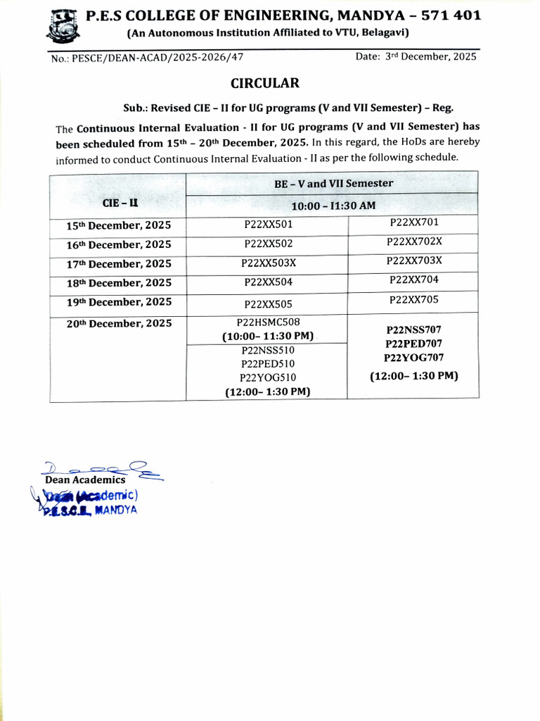 Revised CIE - II Schedule For UG Program (V & VII Semester) | PDF
