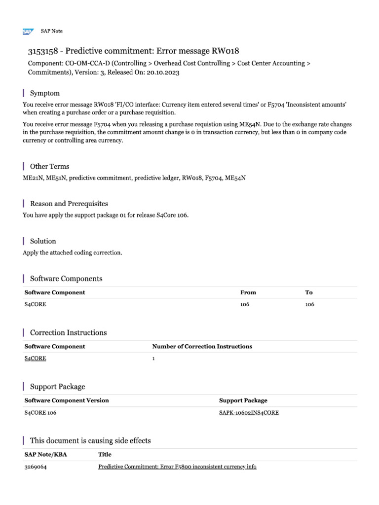 3153158 - Predictive Commitment Error Message RW018 | PDF