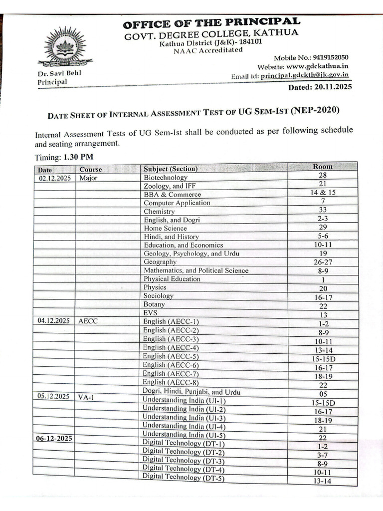 Sem 1st Date Sheet Internal Assessment | PDF