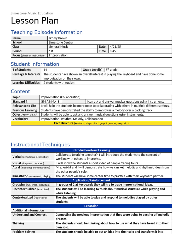 Jimmy Brown's 5th Grade Lesson Plan | PDF | Improvisation | Human ...