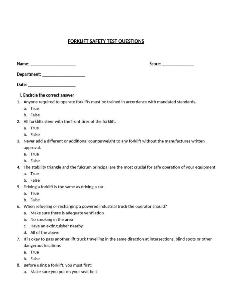 Forklift Safety Test Questions Guide | PDF
