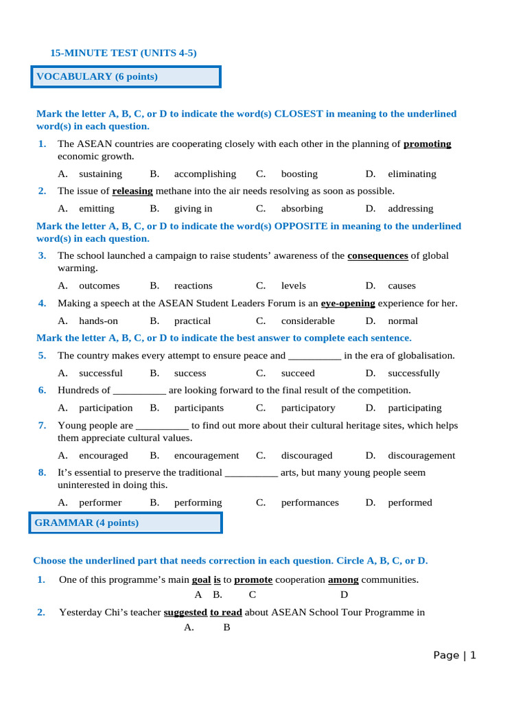 15-Minute Test 2 (Units 4-5) | PDF | Natural Environment