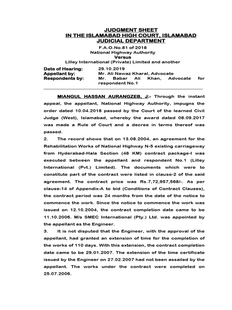 IHC Decision in NHA vs Lilly International FAO-81-2018 | PDF ...