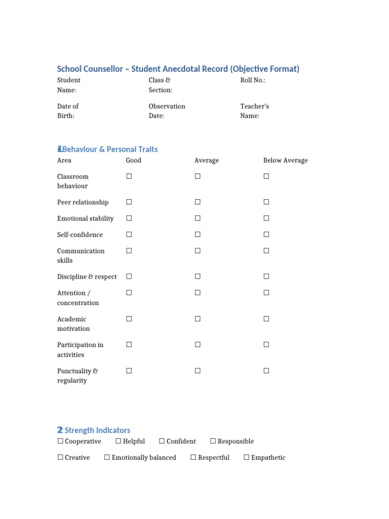 Student Anecdotal Record Objective Format | PDF