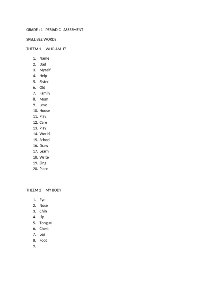 Grade 1 Spell Bee Word List | PDF