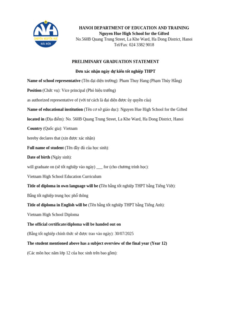 Preliminary Graduation Statement | PDF