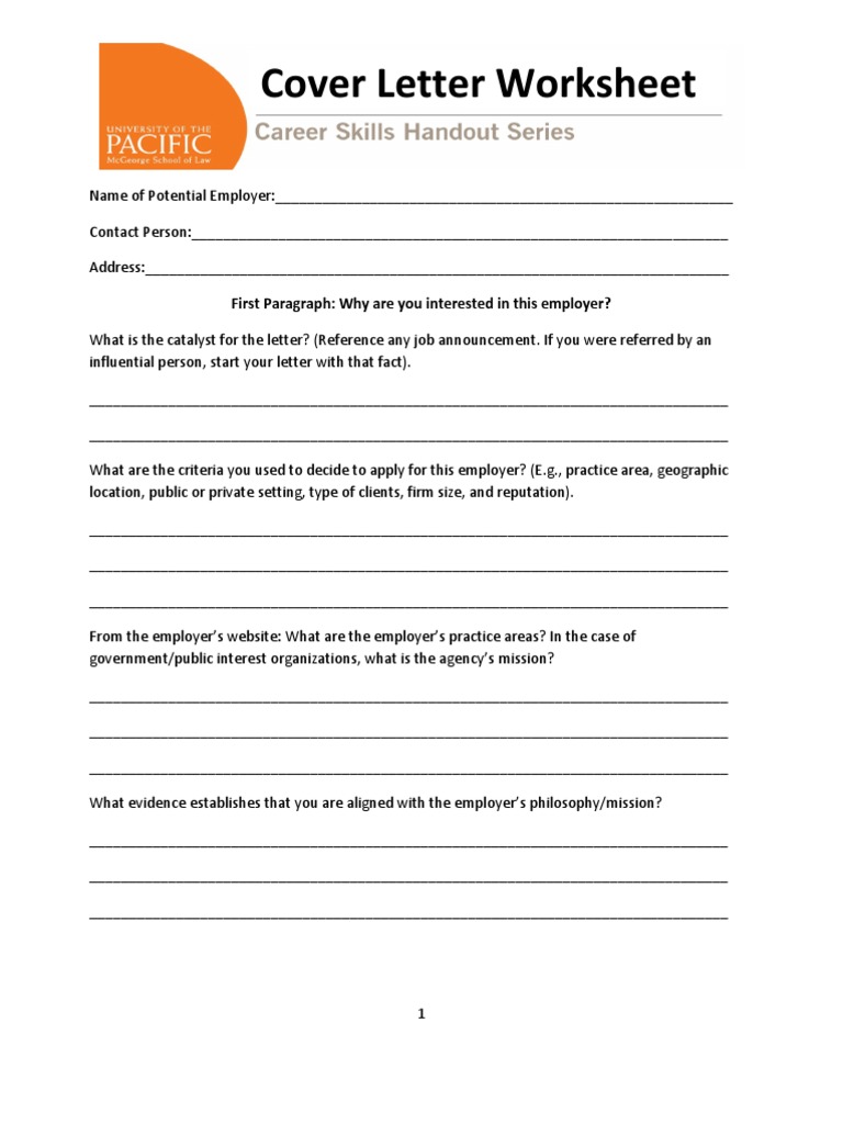 Cover Letter Worksheet: First Paragraph: Why Are You Interested in This ...