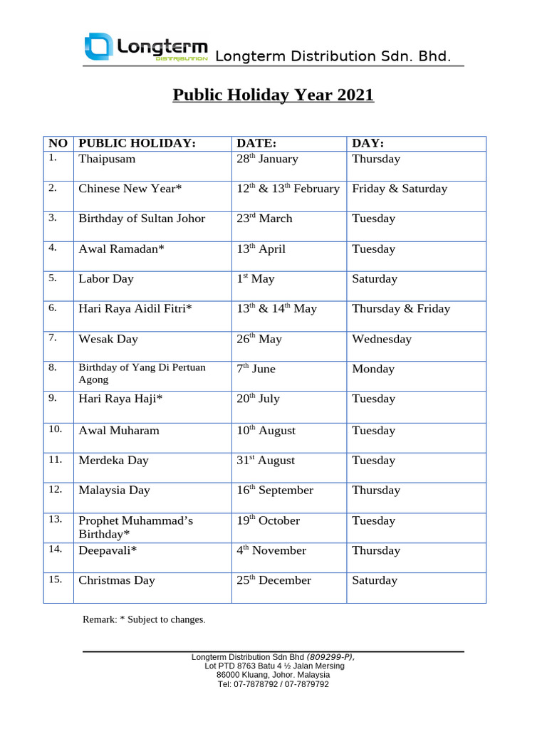 Public Holiday 2021 | PDF