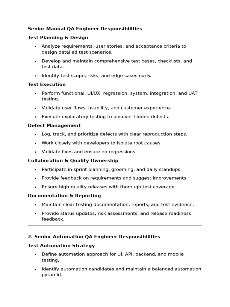 Senior Manual QA Engineer Responsibilities | PDF | Software Testing ...
