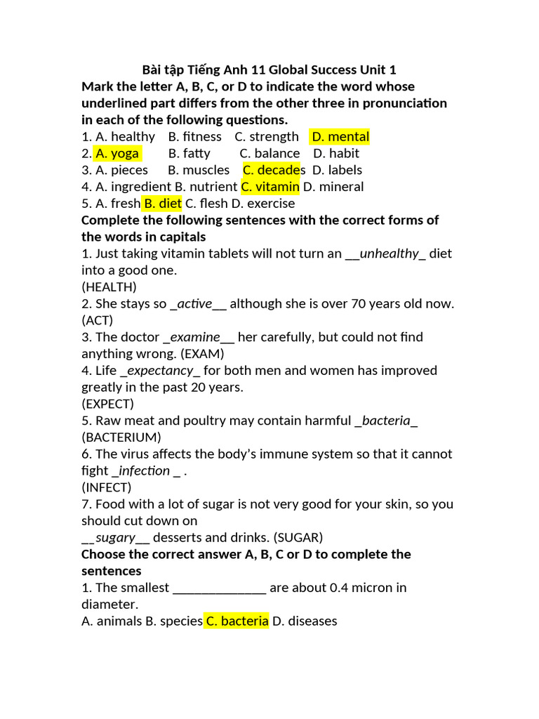English Exercises for Global Success 11 | PDF | Infection | Diet ...